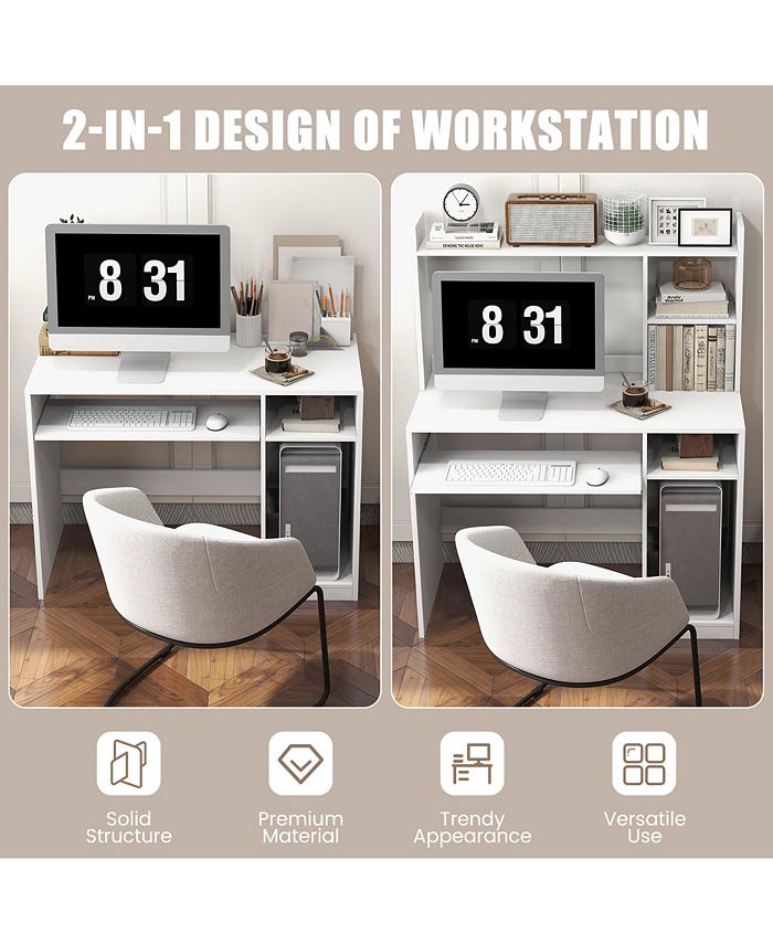 Gymax Computer Desk w/ Built-in Charge Station Wooden Writing Desk w ...