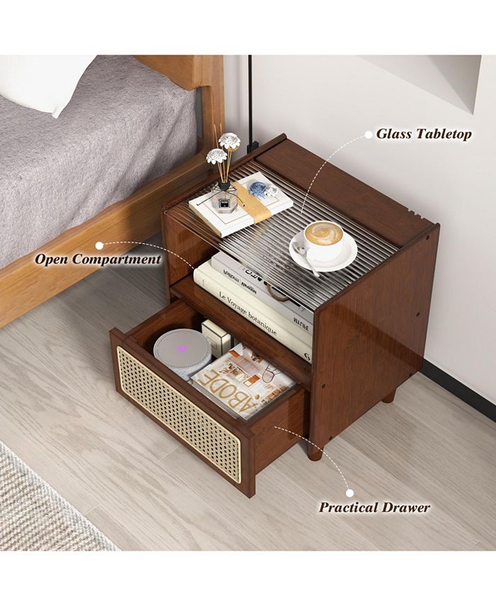 SUGIFT 2 Pieces Bamboo Rattan Nightstand with Drawer and Solid Wood ...