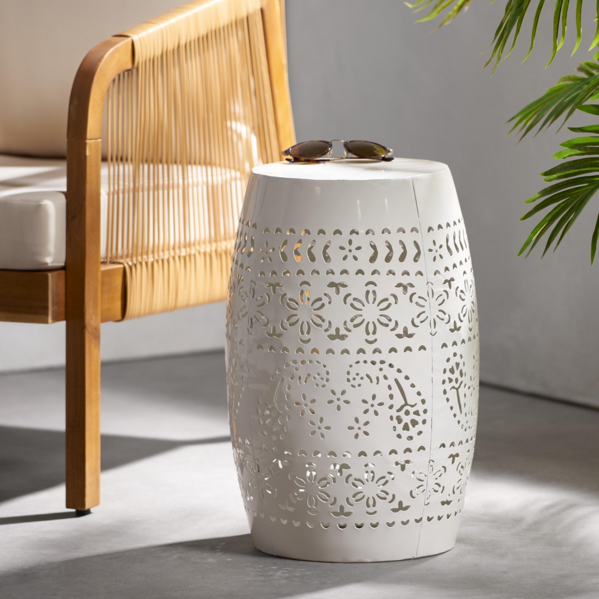 Click here for Streamdale Elegant Lace-Cut Barrel Side Table for... prices