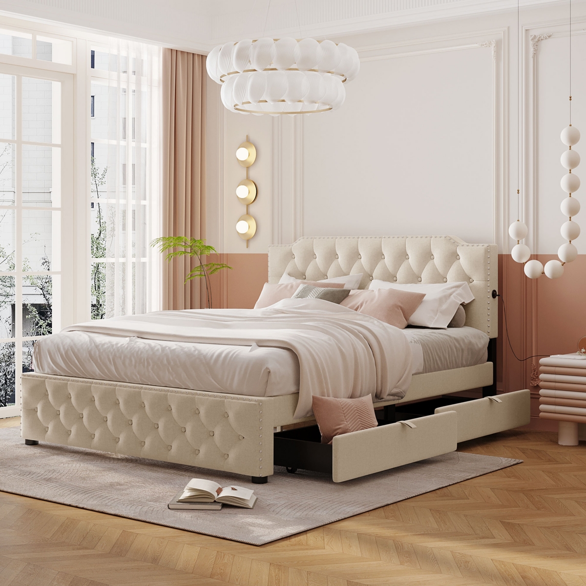 Click here for Streamdale Gray Linen Platform Bed with Usb Ports... prices