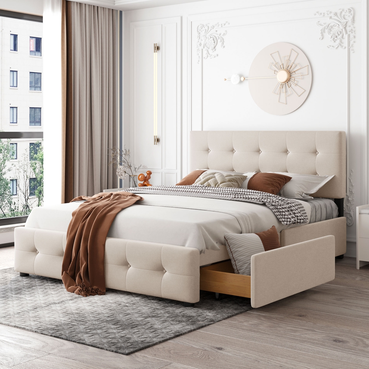 Click here for Streamdale Linen Platform Bed with Drawers - Beige prices