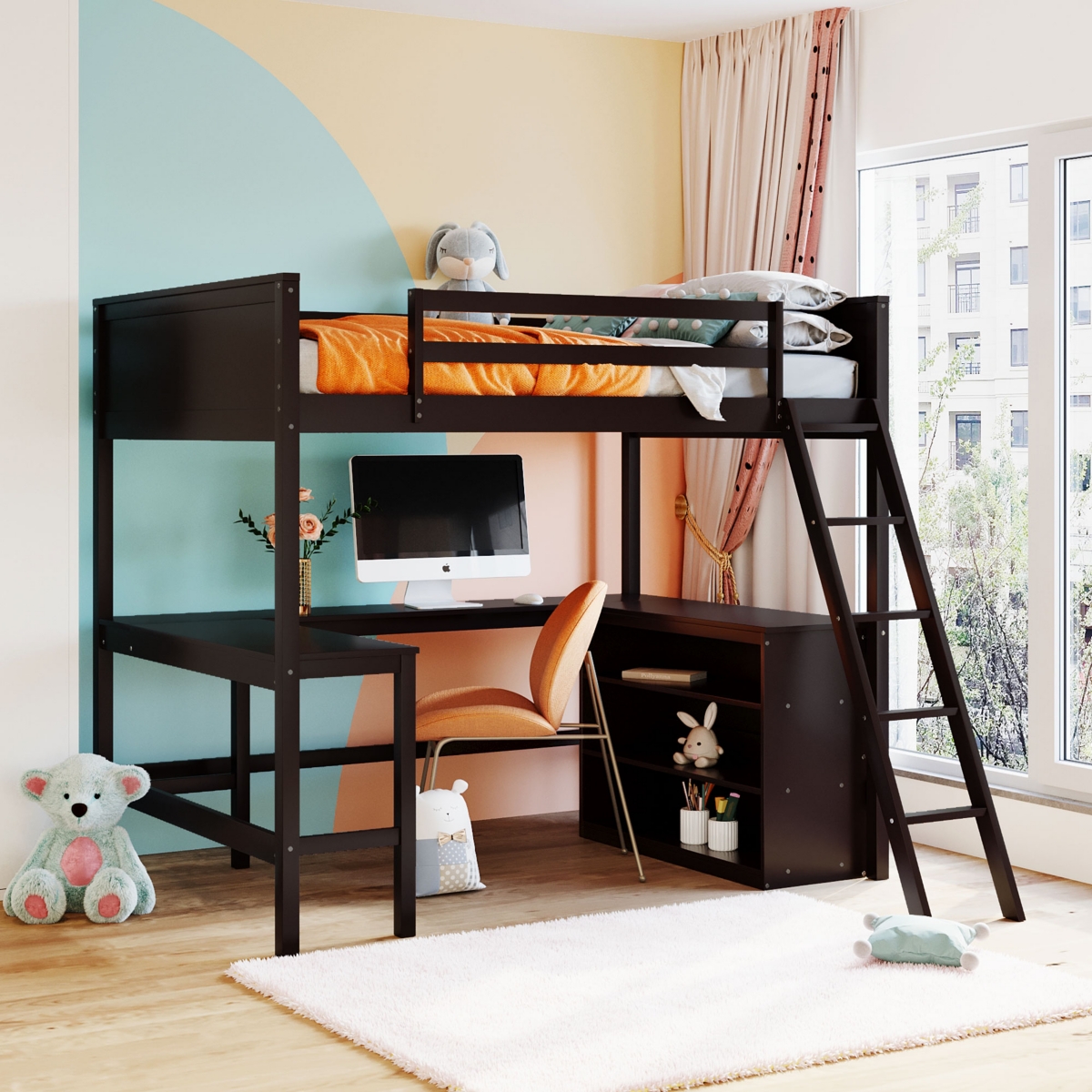 Click here for Streamdale Full Size Loft Bed With Shelves And Des... prices