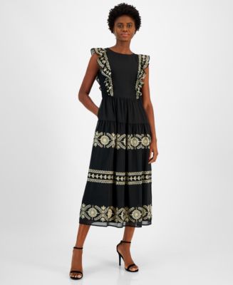 Anne Klein Women's Embroidered Ruffled Sleeveless Dress - Macy's