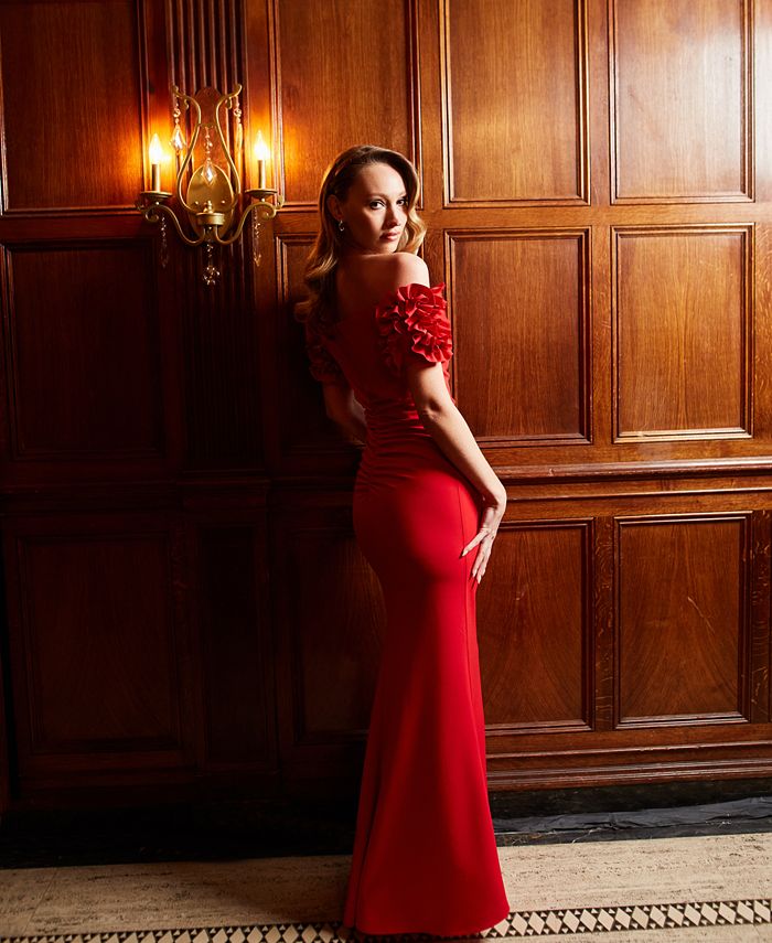 XSCAPE Women's Scuba-Crepe Ruffled Off-The-Shoulder Dress - Macy's