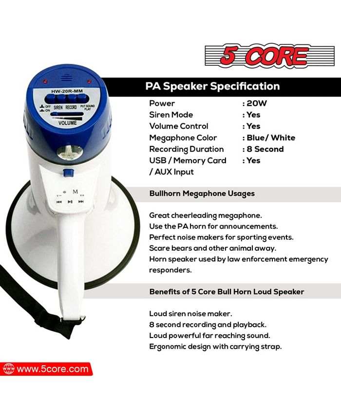 5 Core Megaphone Bullhorn Speaker 20W Bull Horn Battery Power Cheer ...