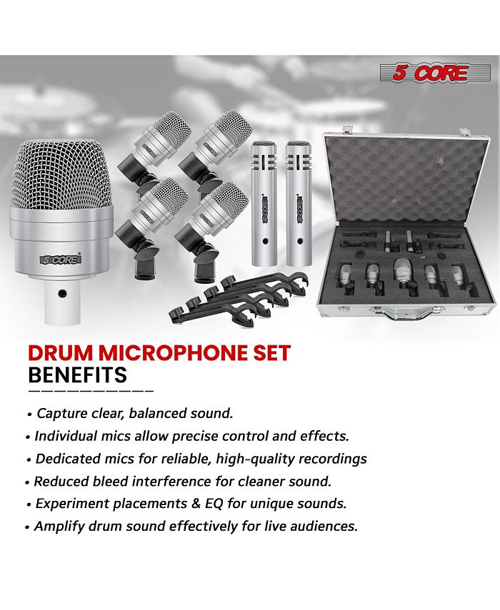5 Core Drum Mic Kit 7 Piece Drumset XLR Wired Dynamic Microphone Kick ...