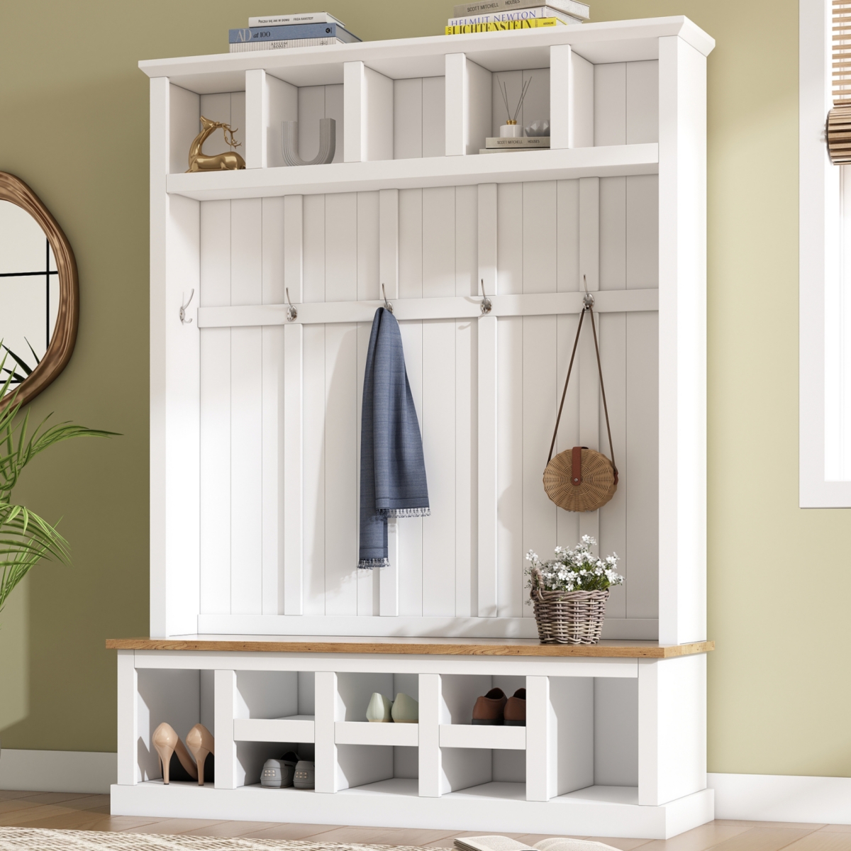 Click here for Farmhouse Hall Tree with Bench  Shoe Storage  Coat... prices