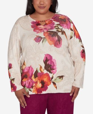Alfred Dunner Plus Size Wine Country Watercolor Floral Beaded Split ...