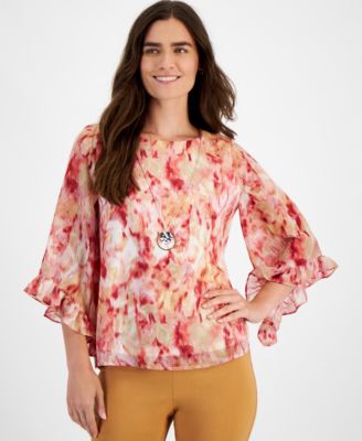 JM Collection Women's Texture Garden Printed Ruffled Necklace Top ...