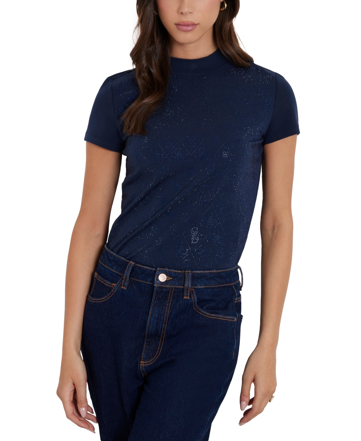 Click here for Guess Womens Rhinestone-Logo Mock-Neck Short-Sleev... prices