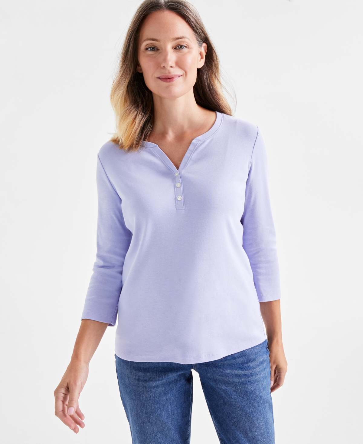 Click here for Style & Co Petite Cotton Knit Henley 3/4-Sleeve To... prices