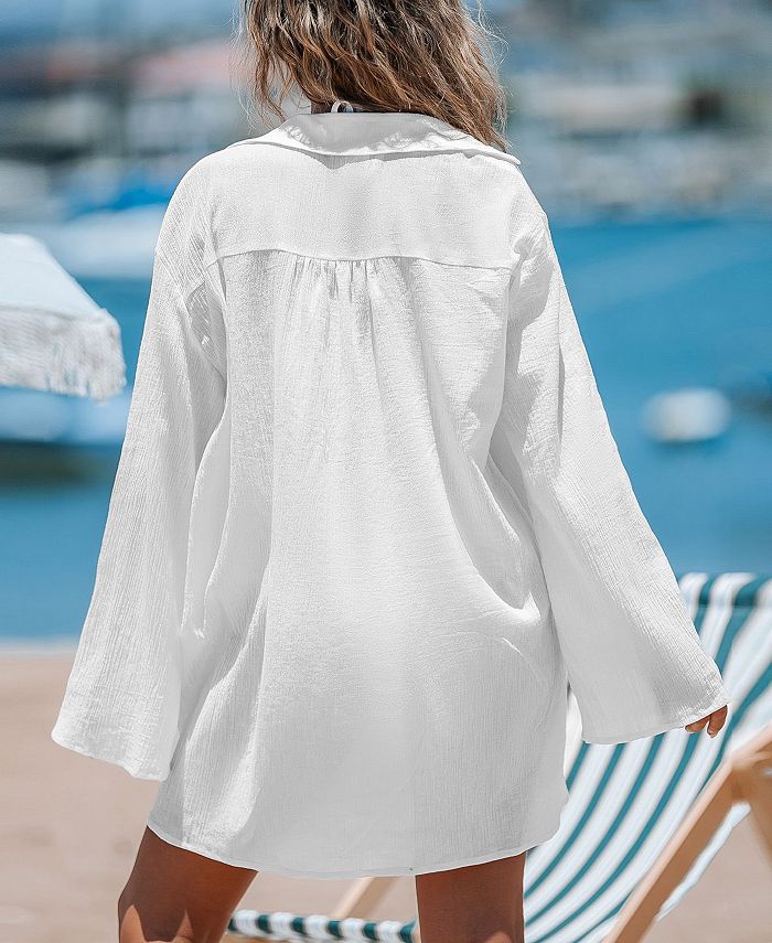 CUPSHE Women's Sheer Tie-Front Long Sleeve Cover-Up Beach Dress - Macy's