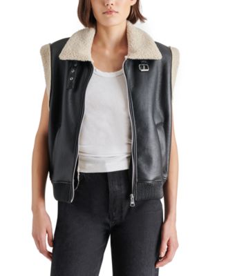 Steve Madden Women's Faux-Leather Fleece-Trim Aviator Vest - Macy's