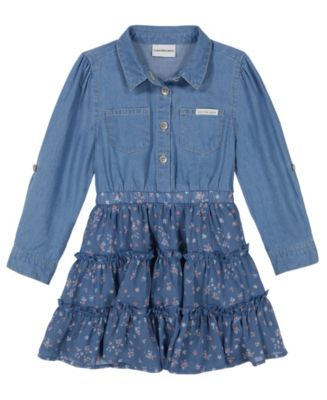 Calvin Klein Toddler and Little Girls Denim-and-Floral Georgette Tiered ...