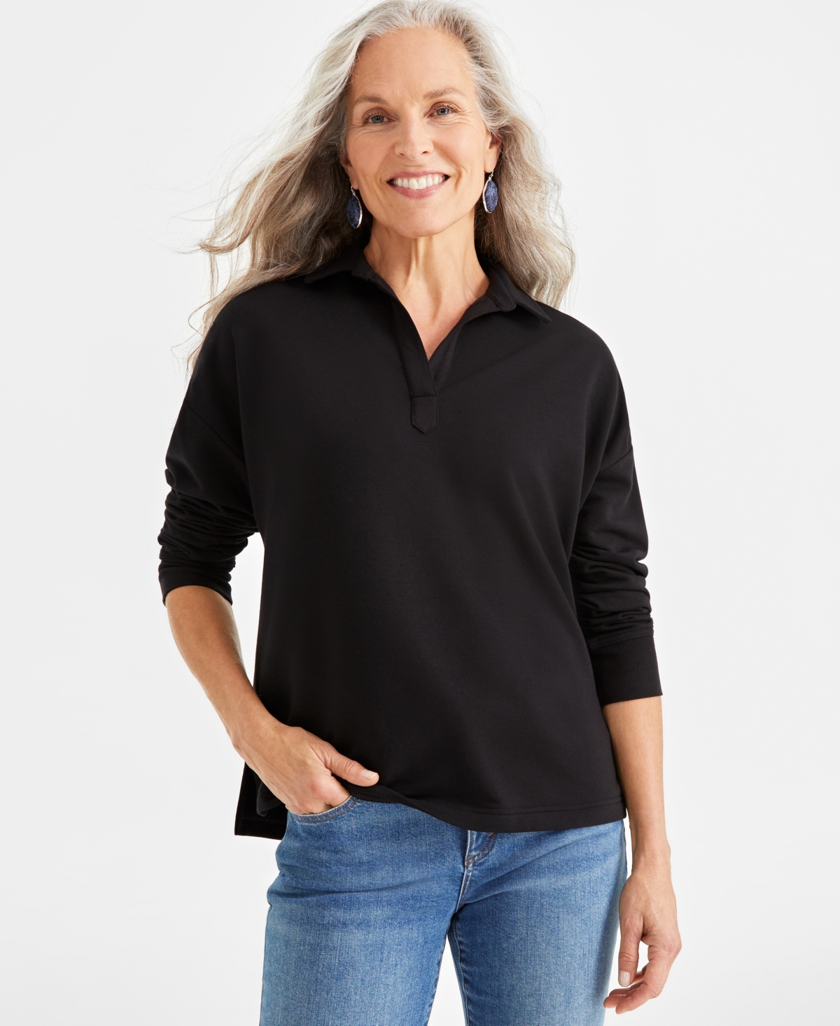 Click here for Style & Co Petite Heathered Johnny Collar Fleece T... prices