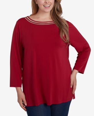 Ruby Rd. Plus Size Micro Chain Embellished Solid Crepe Knit Top with Side Slits - Macy's