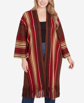 Ruby Rd. Plus Size Open Front Multi Stripe Cardigan Duster with Fringe ...