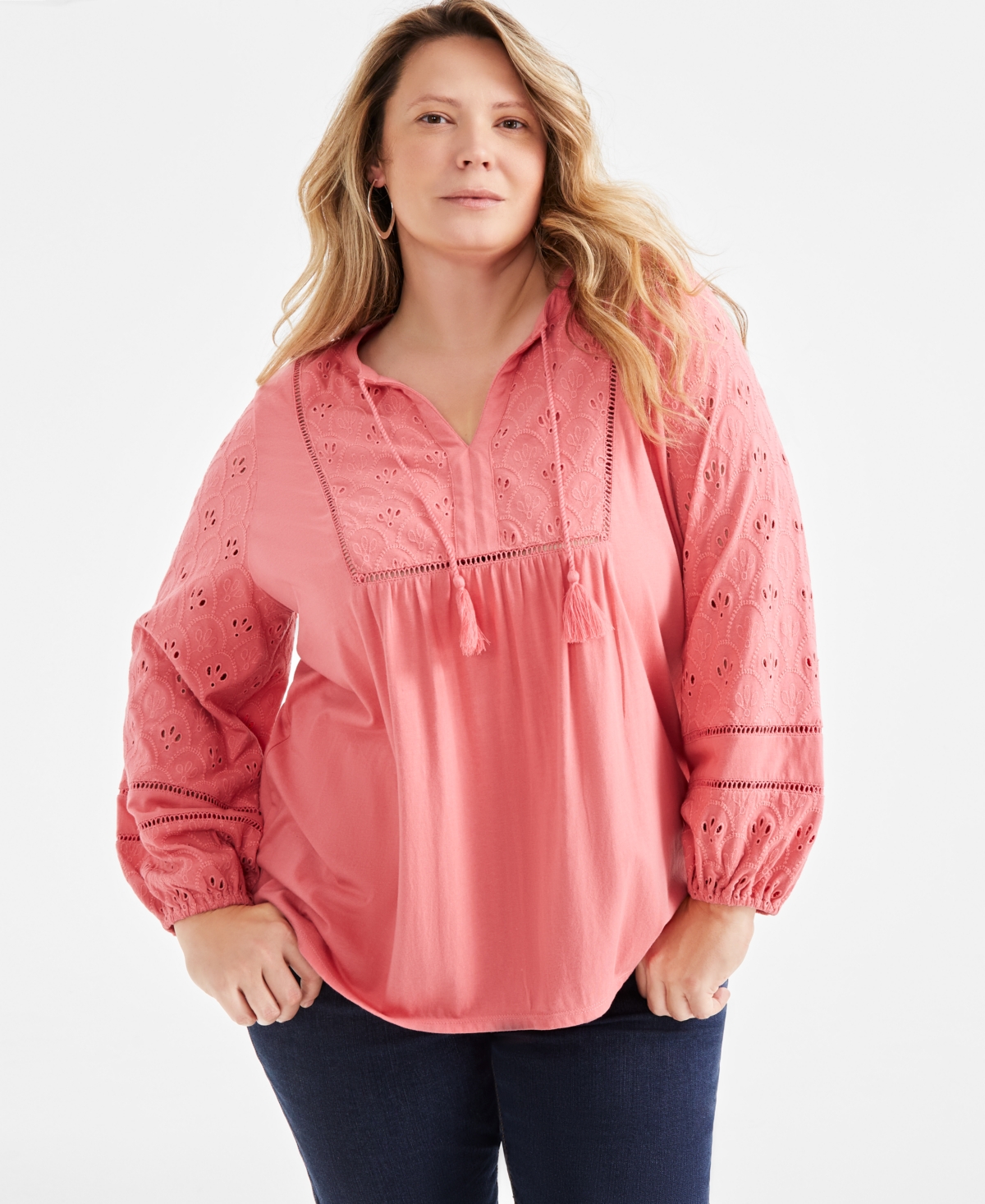 Click here for Style & Co Plus Size Split-Neck Eyelet-Trim Top  E... prices