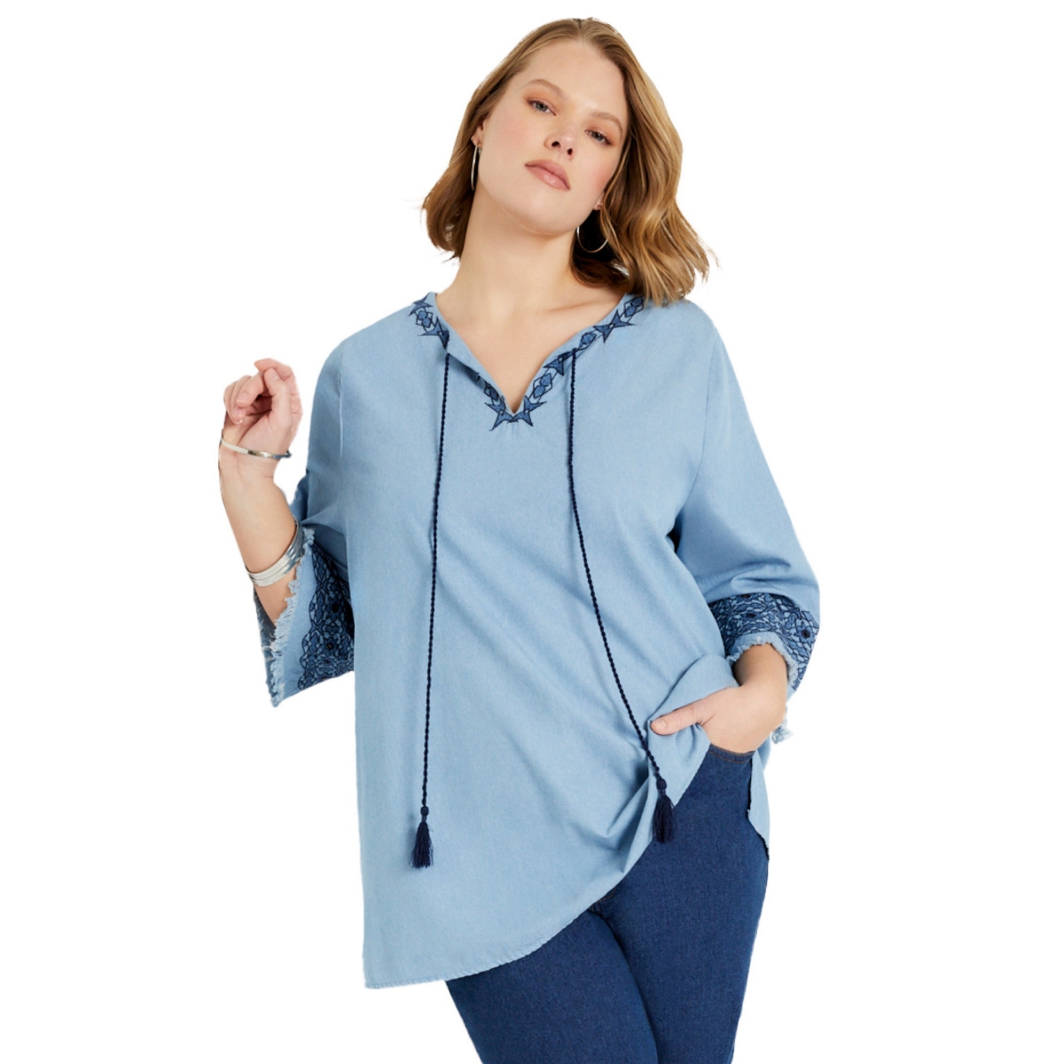 Click here for June + Vie Womens June + Vie Fringe Denim Blouse -... prices