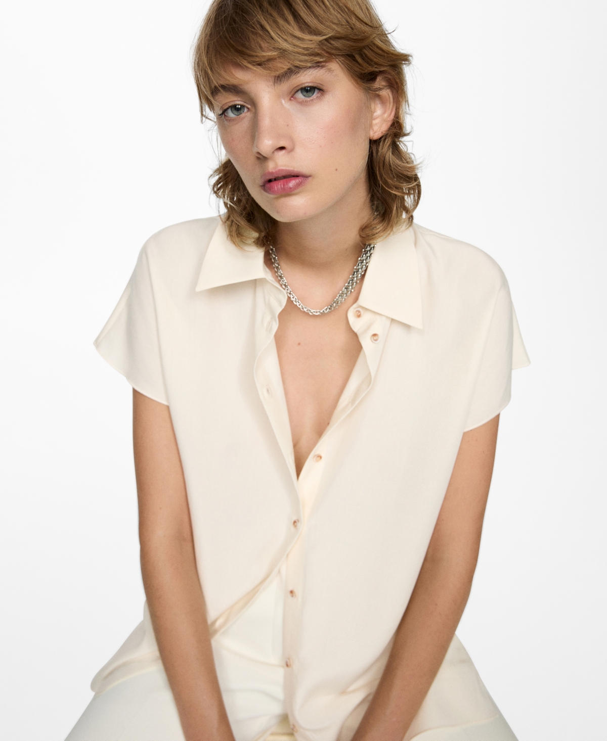 Click here for Mango Womens Short-Sleeved Lyocell Shirt - Ecru prices