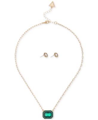 GUESS Gold Tone Necklace with a Deep Green Accent Stone Pendant and ...