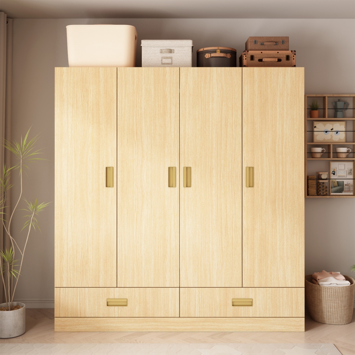 Click here for Famapy Brown Wood 4-Door Big Wardrobe Armoires wit... prices
