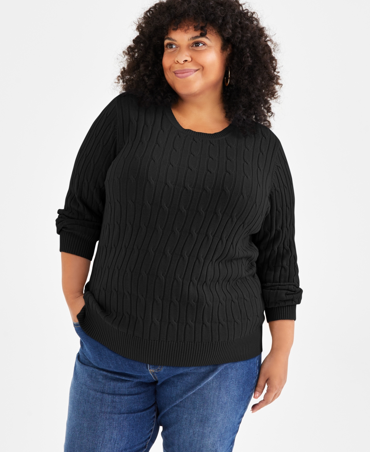 Style & Co Plus Size Cotton Cable-Knit Crewneck Sweater  Macys Exclusive - Deep Black