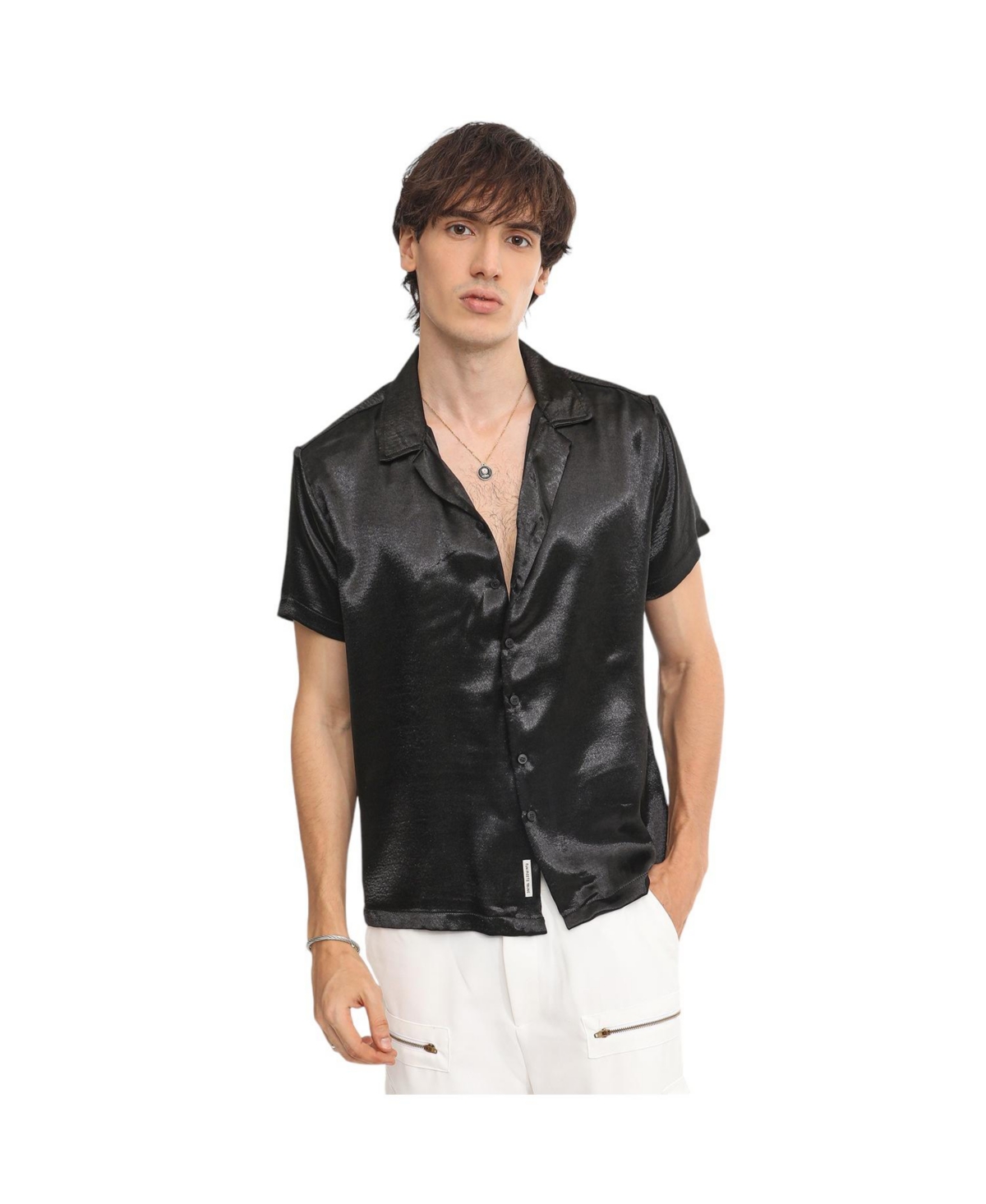 Click here for Mens Midnight Black Solid Satin Shirt - Black prices
