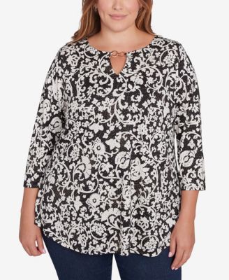 Ruby Rd. Plus Size Batik Scroll Dew Drop Printed Knit Top - Macy's