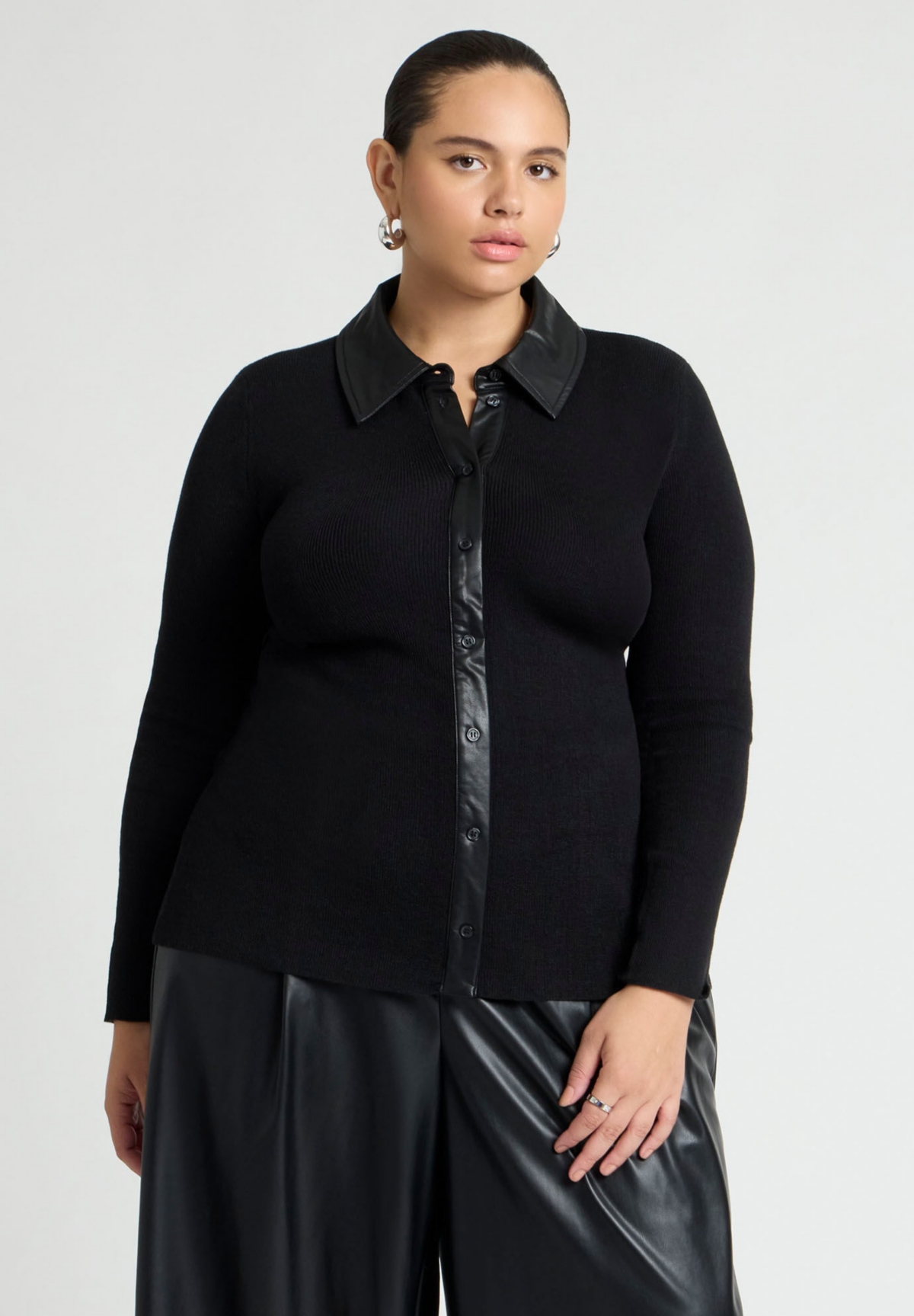 Eloquii Womens Plus Size Faux Leather Detail Sweater - Black onyx