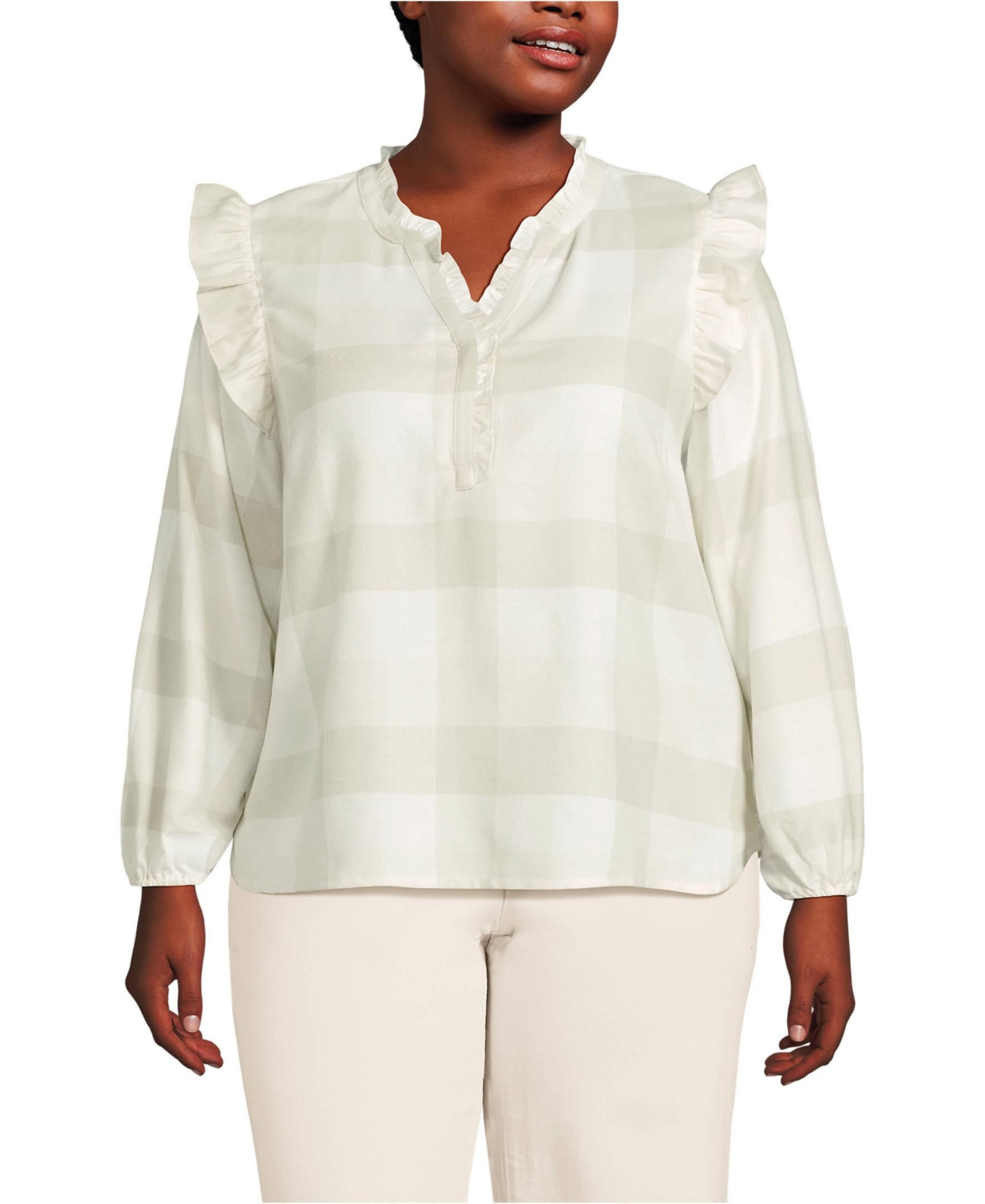 Click here for Lands End Womens Plus Size Ruffle Front Flannel Po... prices