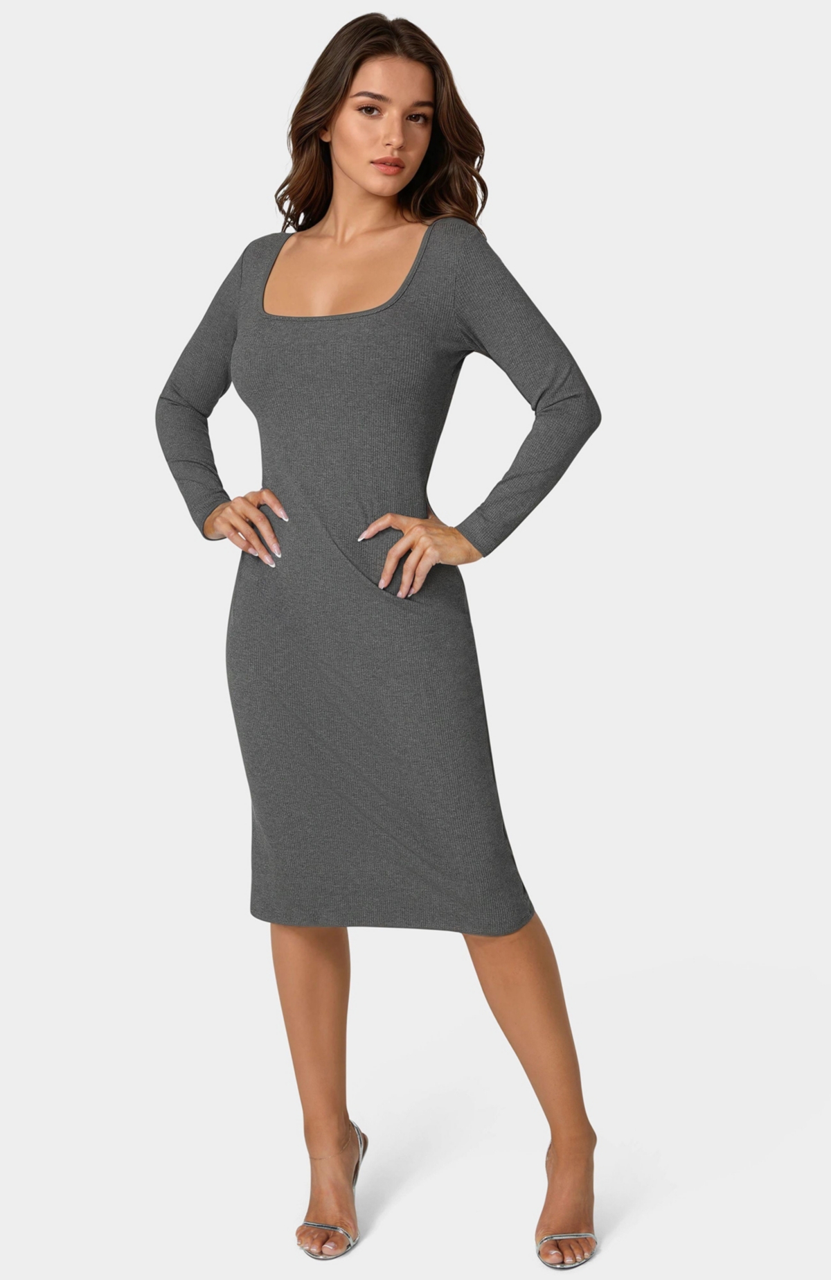 Click here for Bebe Womens Long Sleeve Square Neck Rib Midi Dress... prices