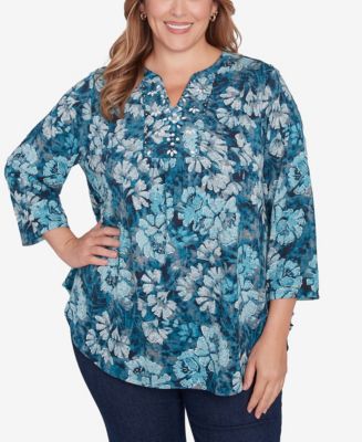 Ruby Rd. Plus Size Embellished Wintery Floral Hatchi Top - Macy's