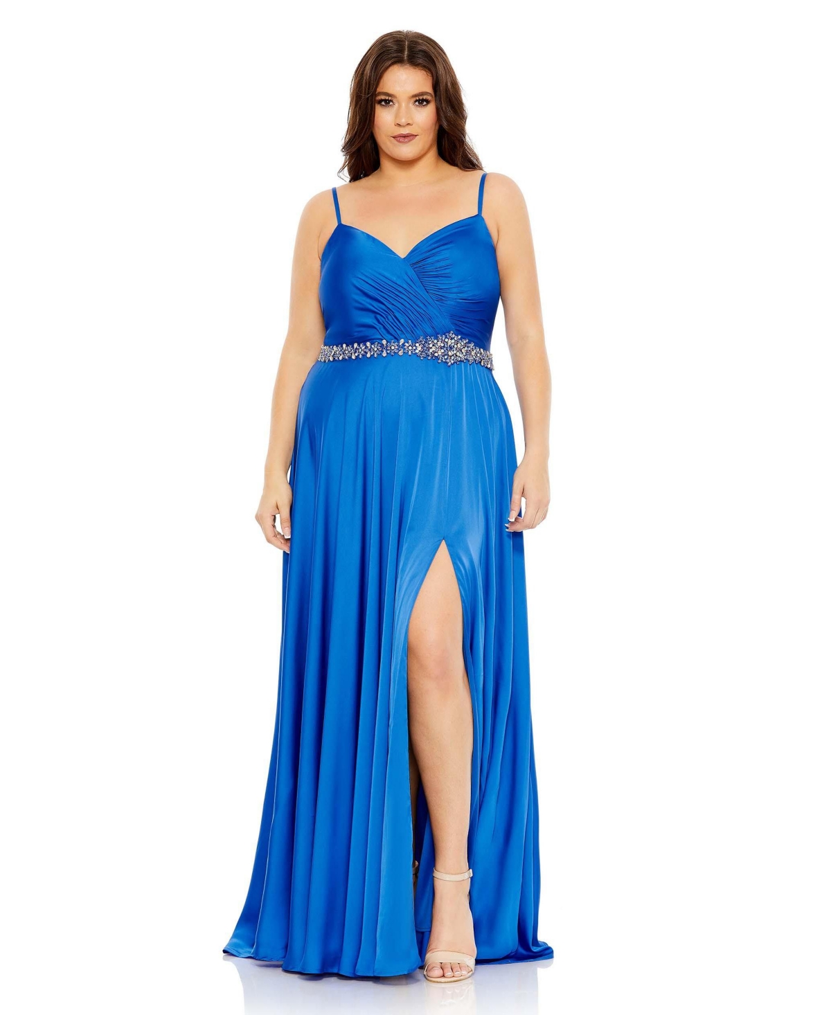 Click here for Mac Duggal Plus Size Beaded Belt Faux Wrap A Line... prices