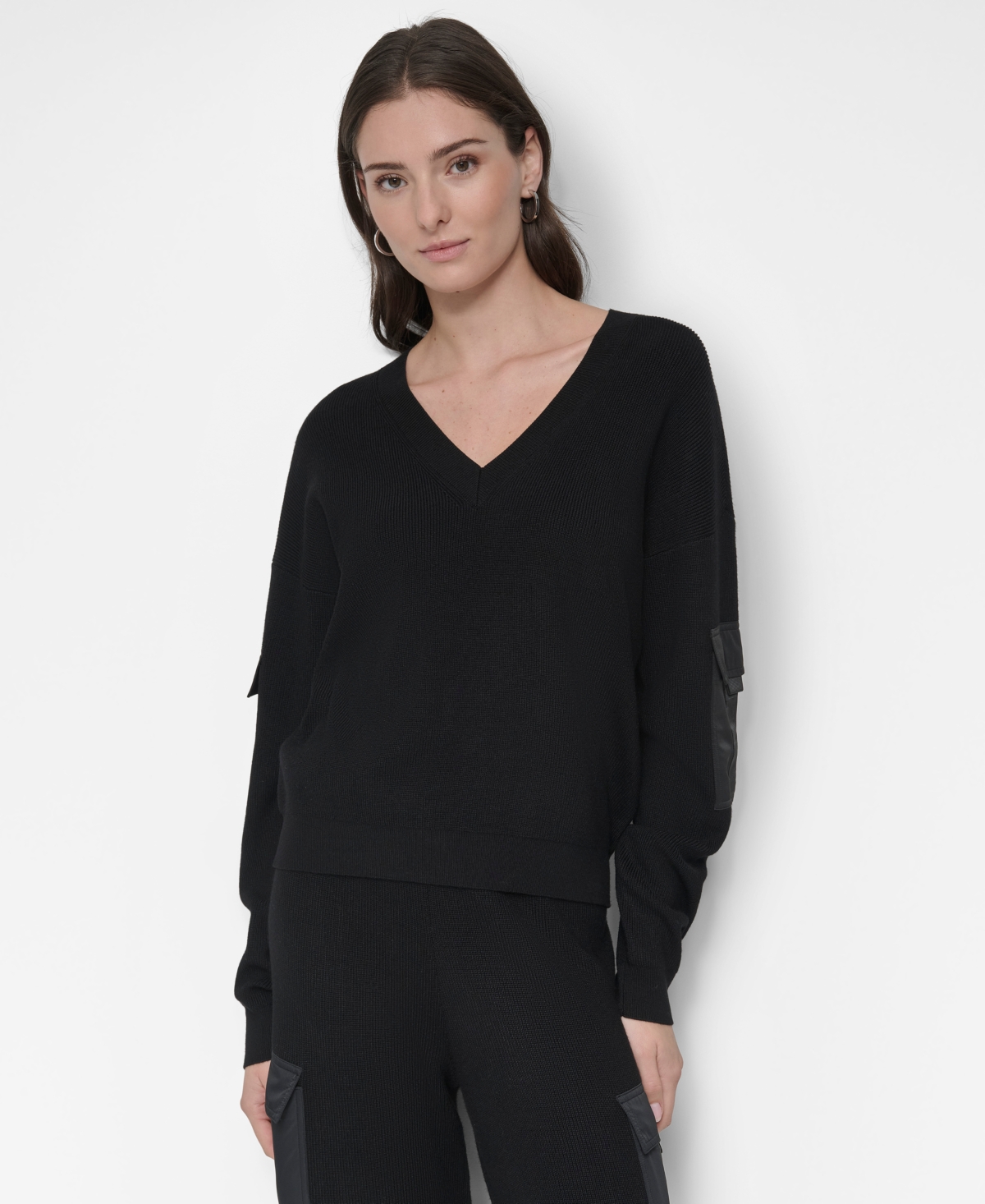 Click here for Dkny Womens Cargo V-Neck Sweater - Black prices