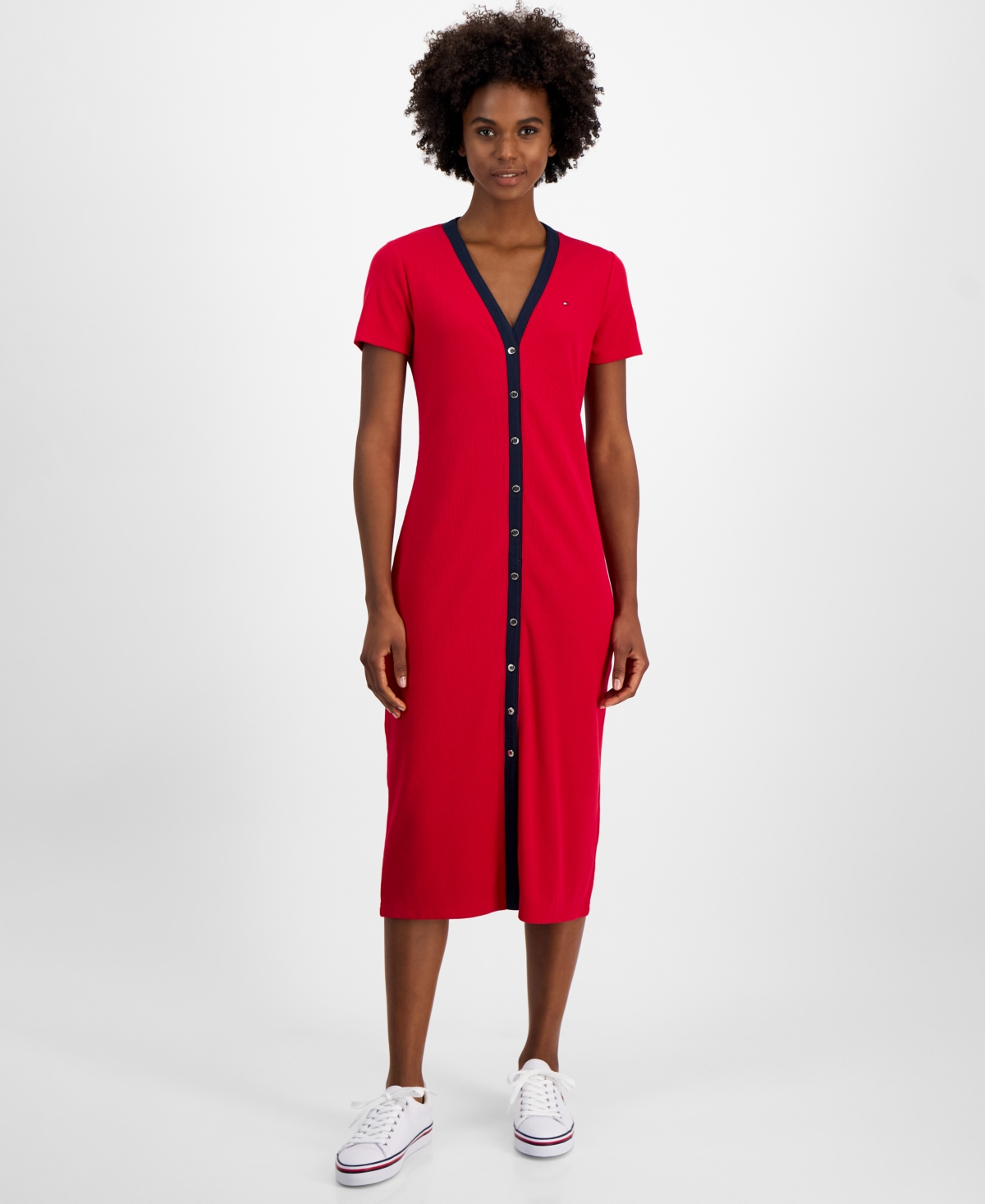 Click here for Tommy Hilfiger Womens V-Neck Button-Front Midi Dre... prices