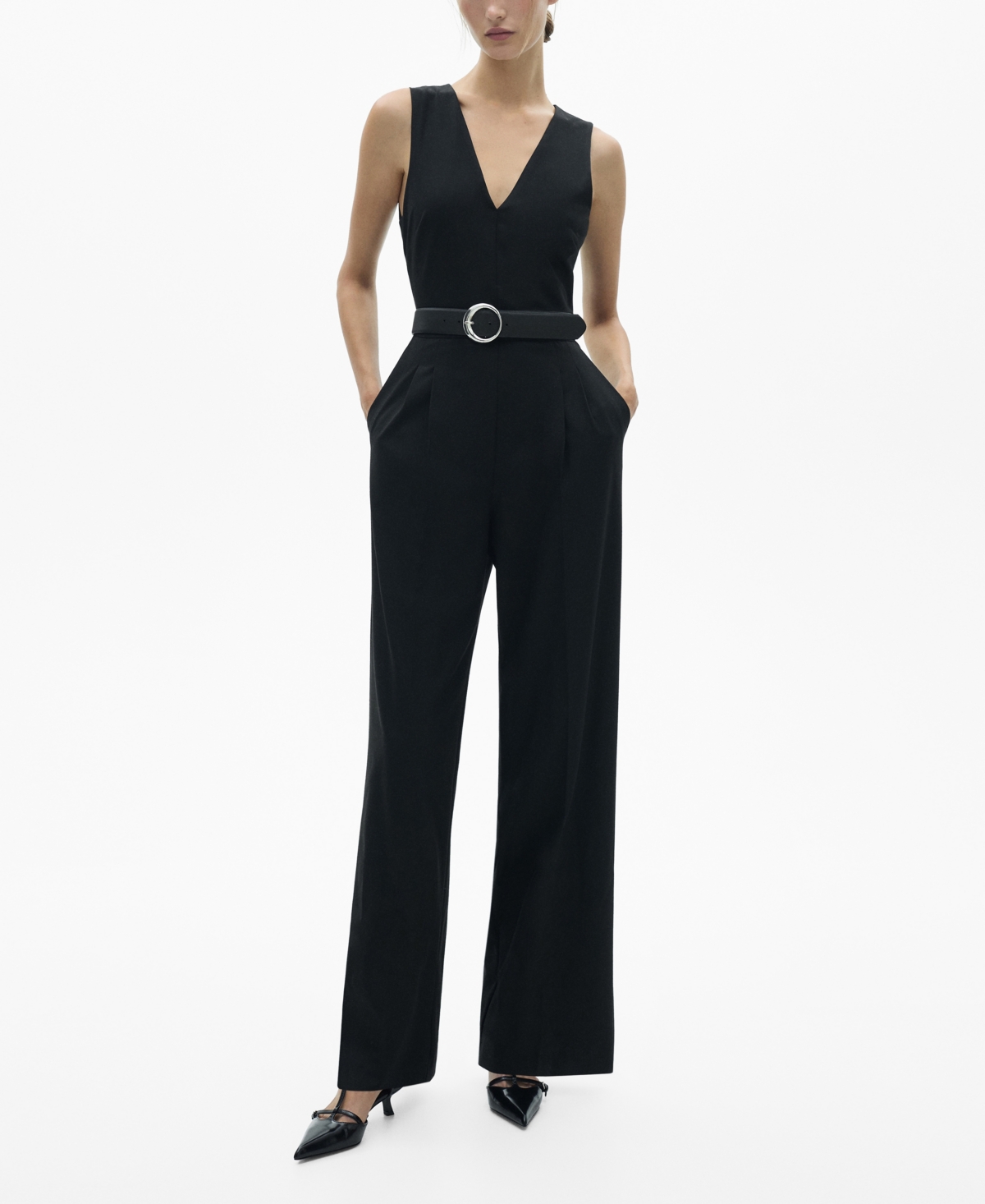 Click here for Mango Womens Belt Long Jumpsuit - Black prices