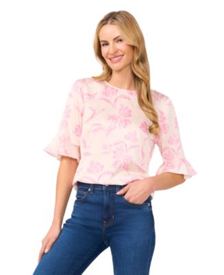 CeCe Women's Floral Crewneck 3/4-Sleeve Ruffled Cuff Blouse - Macy's