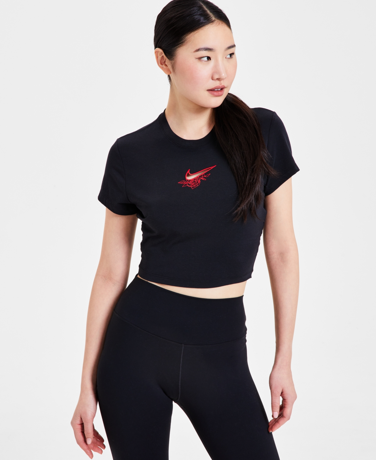 Click here for Nike Womens Chill Knit Cropped Logo T-Shirt - Blac... prices