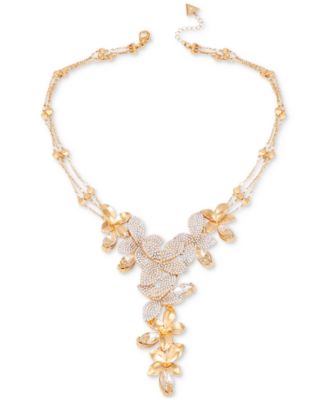 GUESS Gold-Tone Pavé & Marquise Stone Flower Statement Lariat Necklace ...