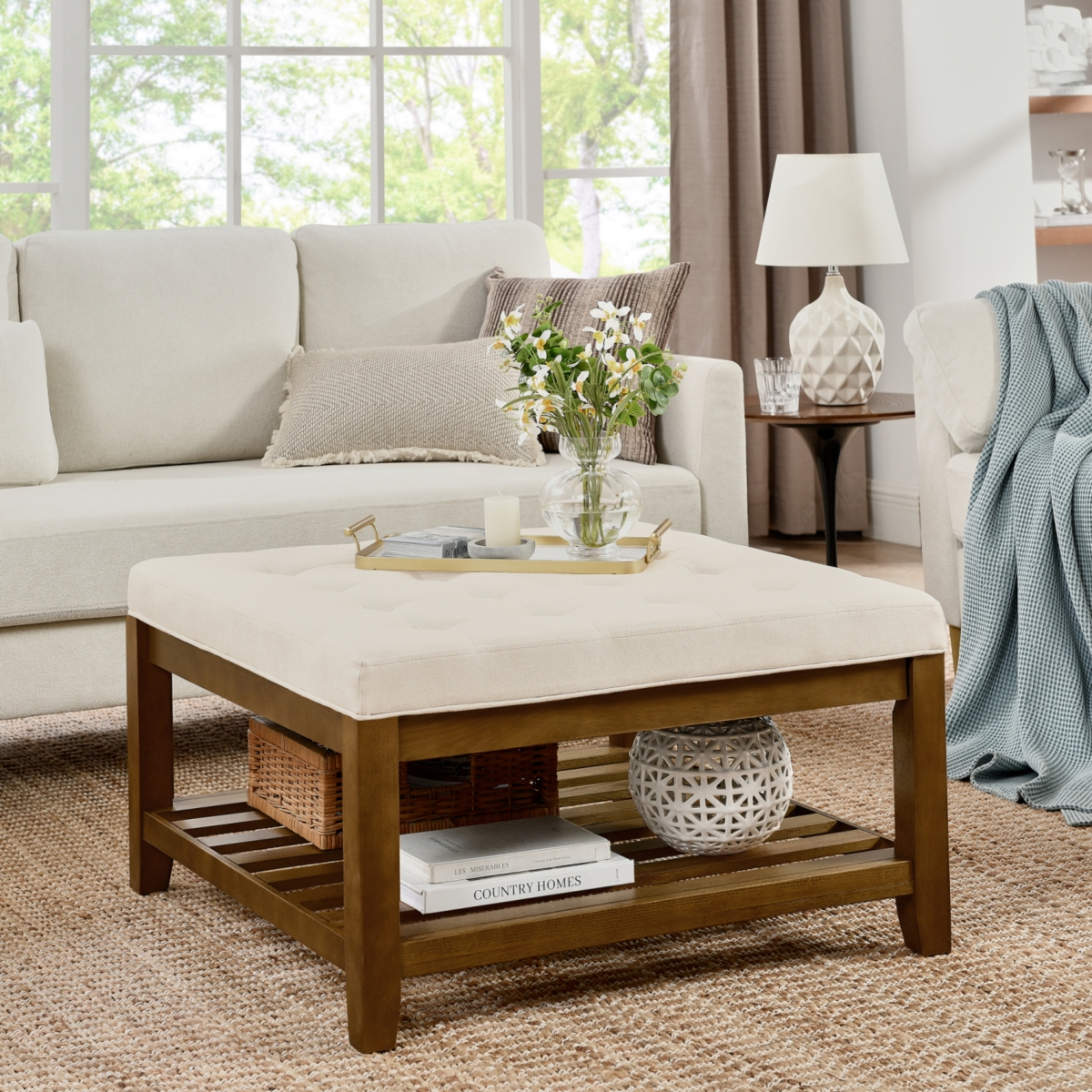 Click here for Streamdale Tufted Linen Ottoman with Wood Shelf an... prices
