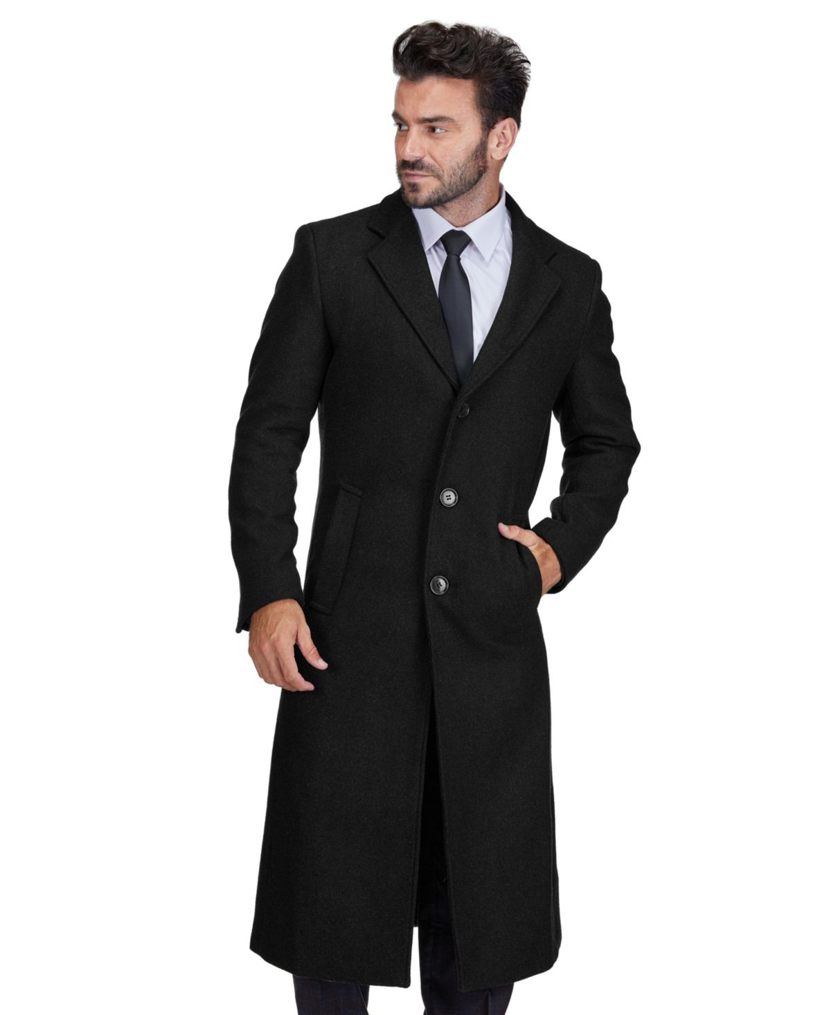 Men's Knee Length Wool Blend Three Button Long Jacket Overcoat Top Coat ...