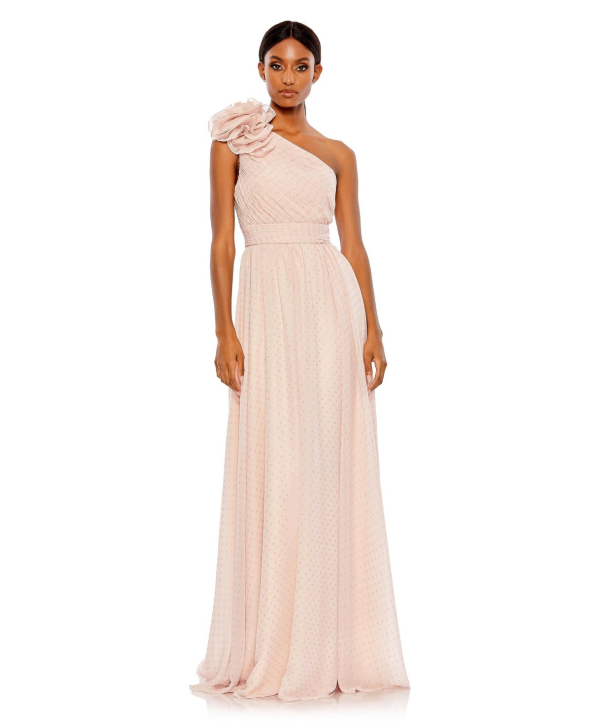 Click here for Womens Polka Dot Ruffled One Shoulder Gown - Porce... prices