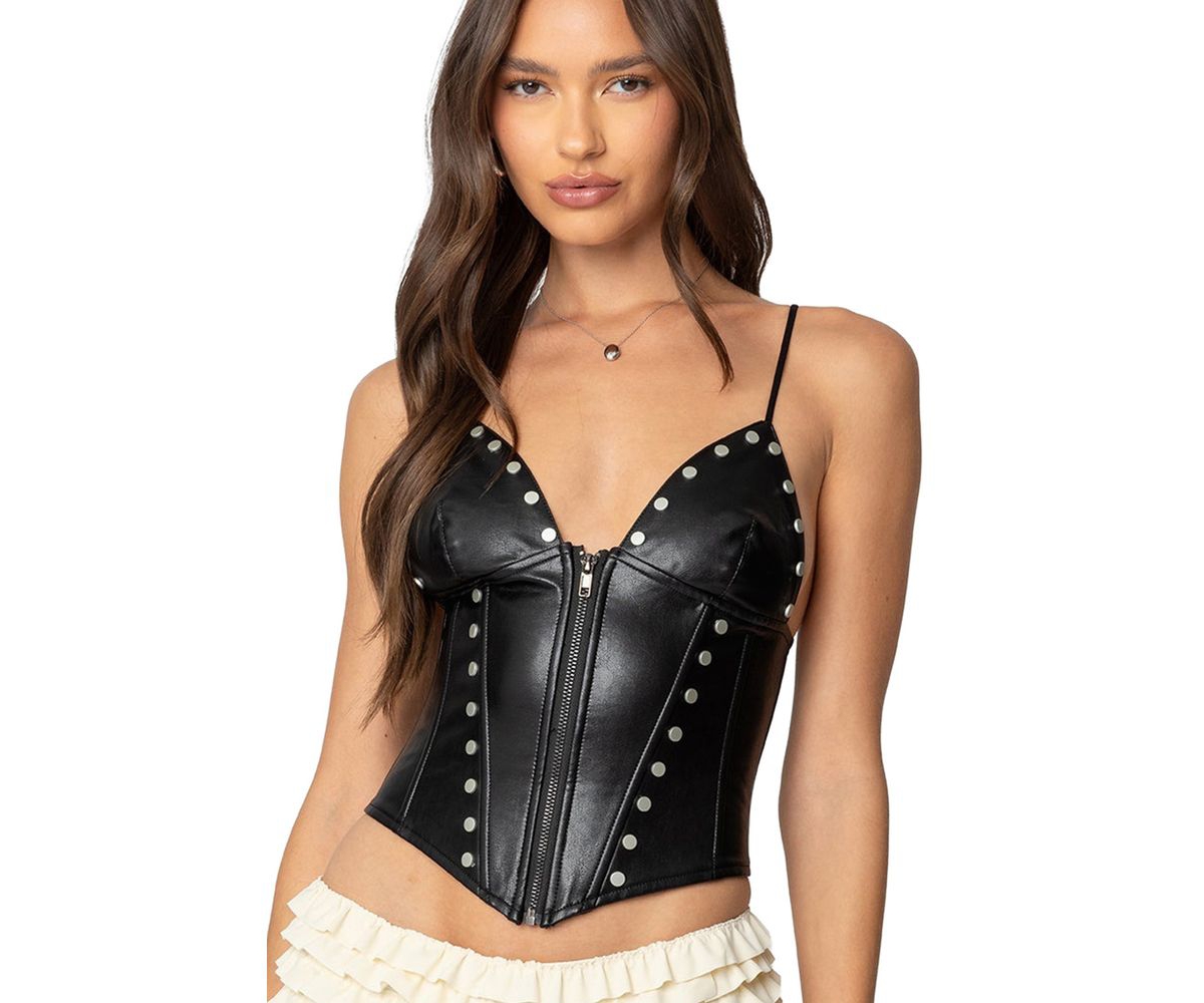 Click here for Edikted Womens Studded Faux Leather Corset - Black prices