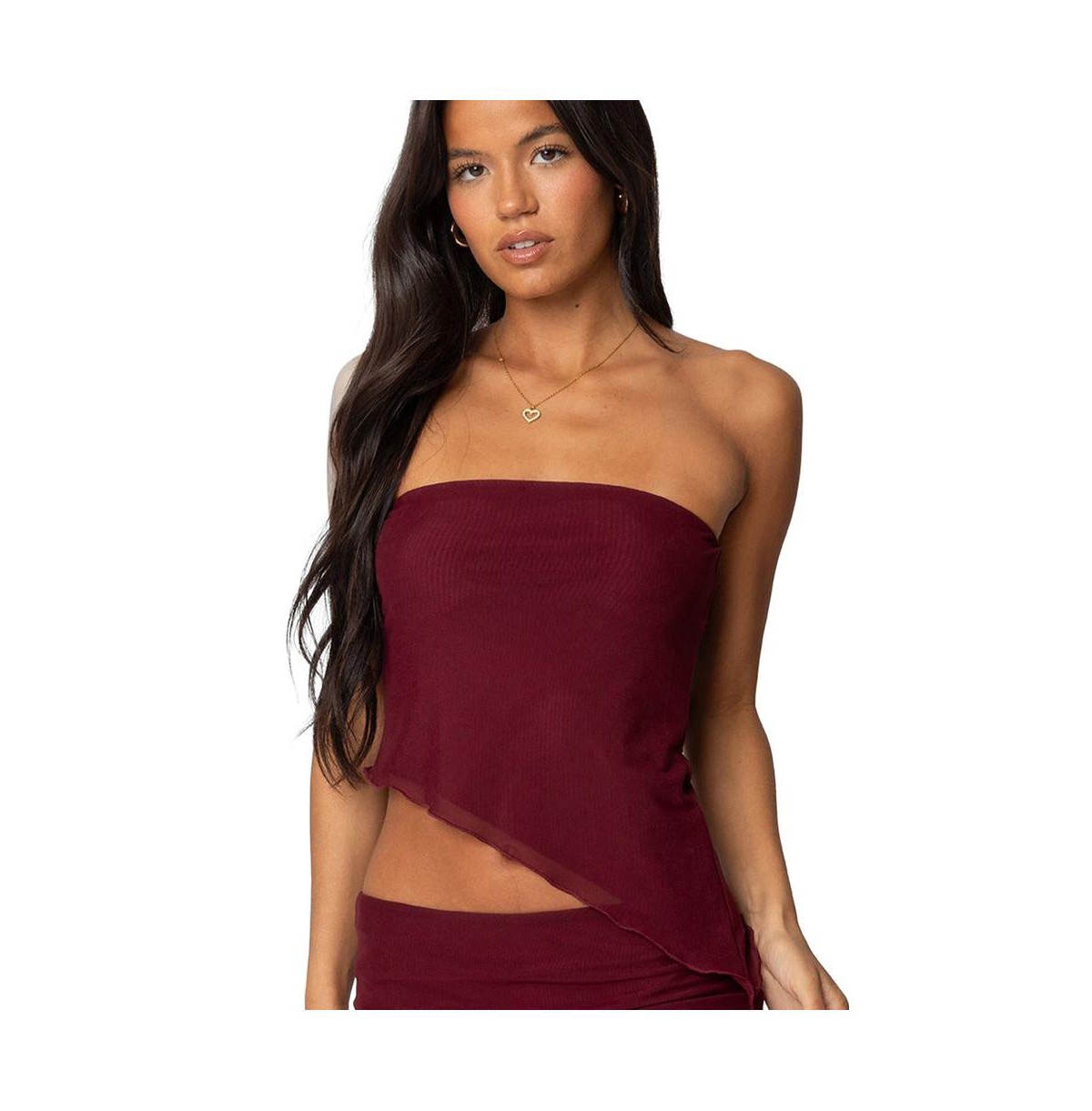 Edikted Womens Vivi Mesh Asymmetric Tube Top - Burgundy