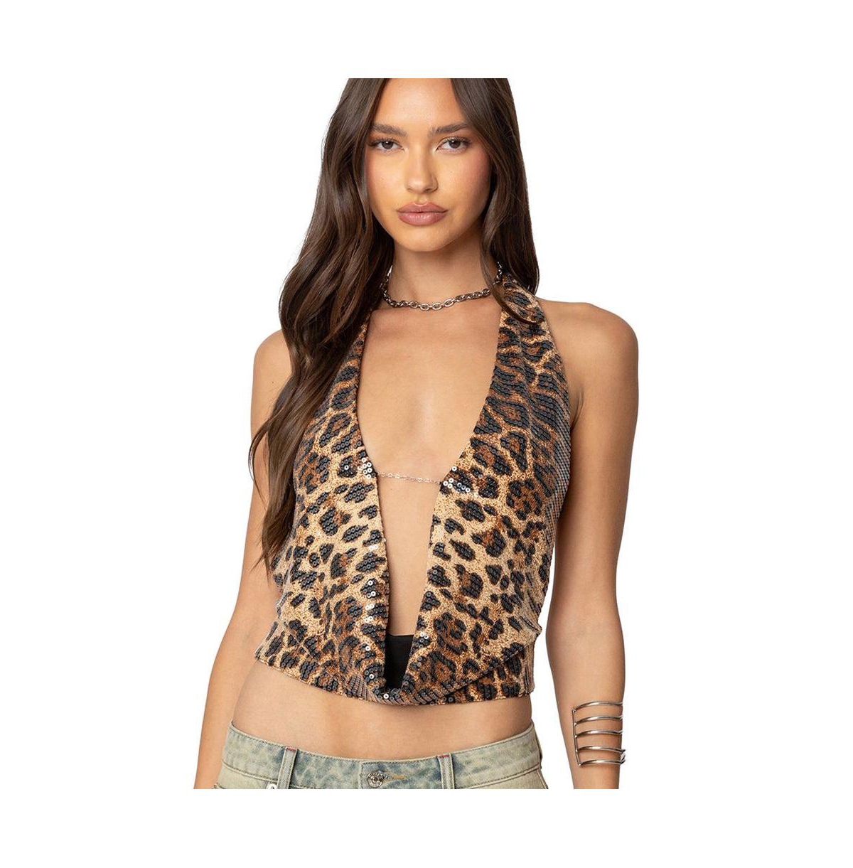 Click here for Edikted Womens Sequin Leopard Printed Cowl Neck To... prices