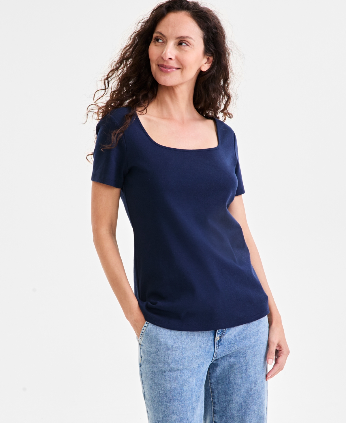 Click here for Style & Co Womens Cotton Square-Neck Short-Sleeve... prices