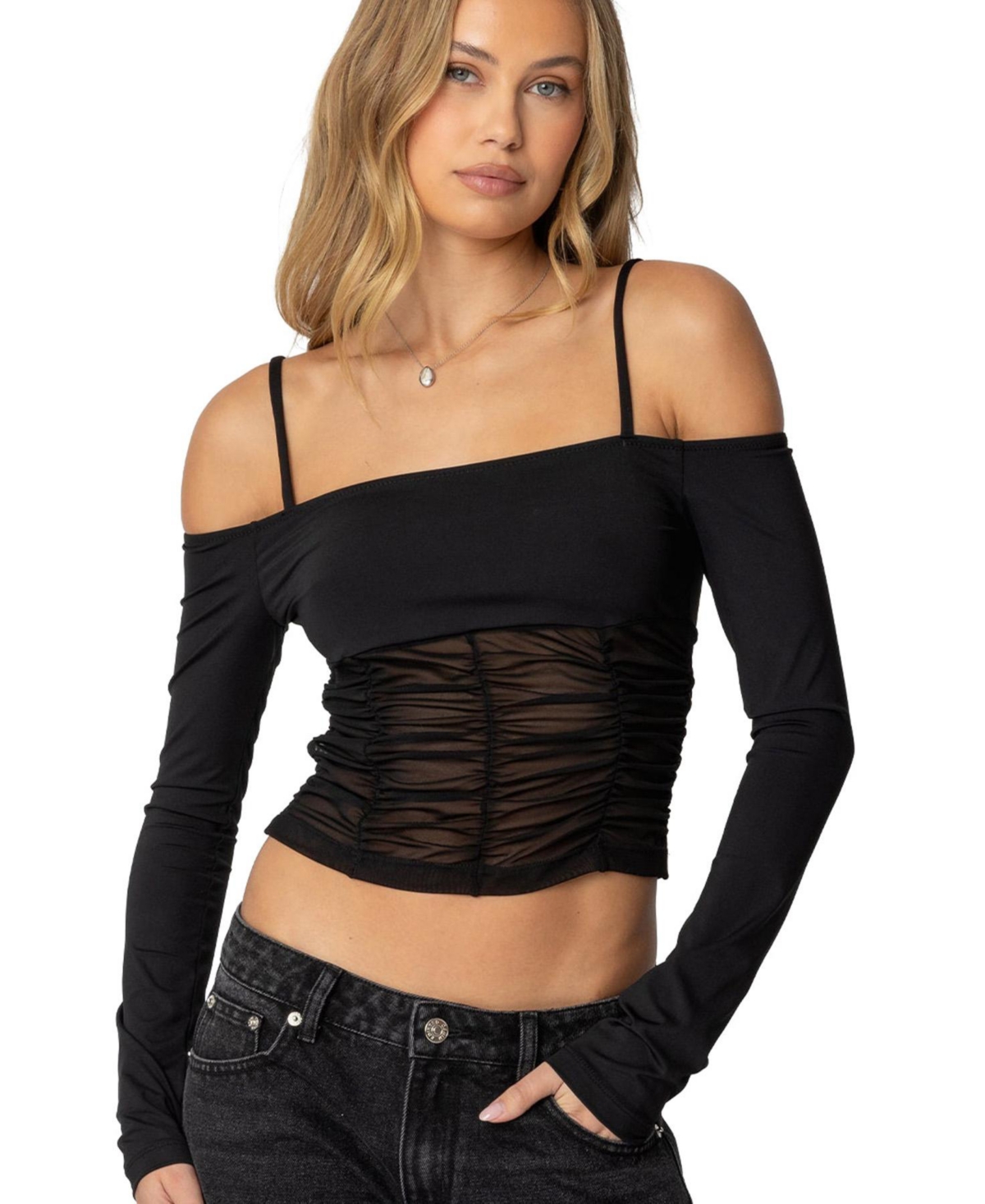 Click here for Edikted Womens Susie Off Shoulder Mesh Top - Black prices