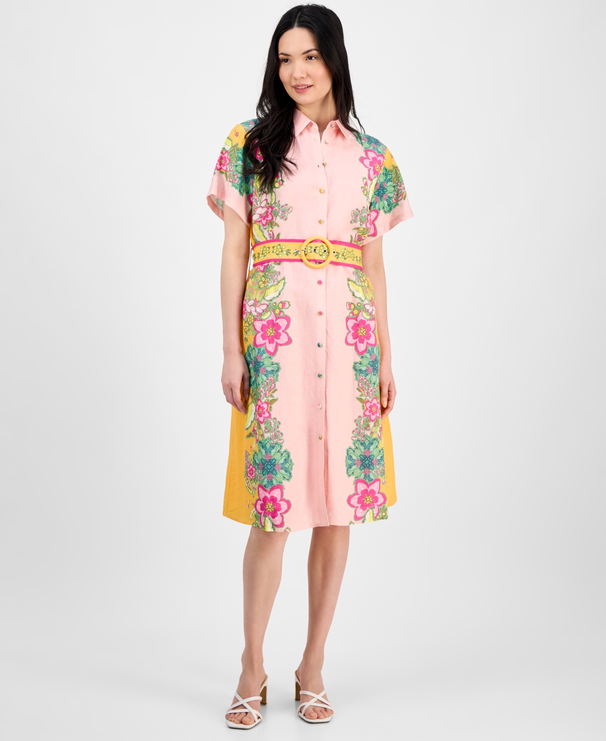 T Tahari Womens Printed Belted Button-Front Dress - Eternity Garden Print