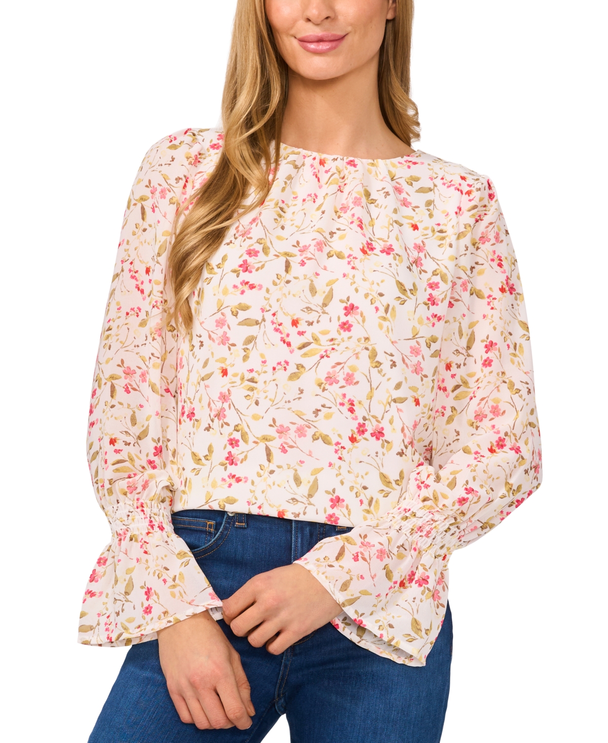 CeCe Womens Printed Long-Sleeve Smocked-Cuff Blouse - New Ivory